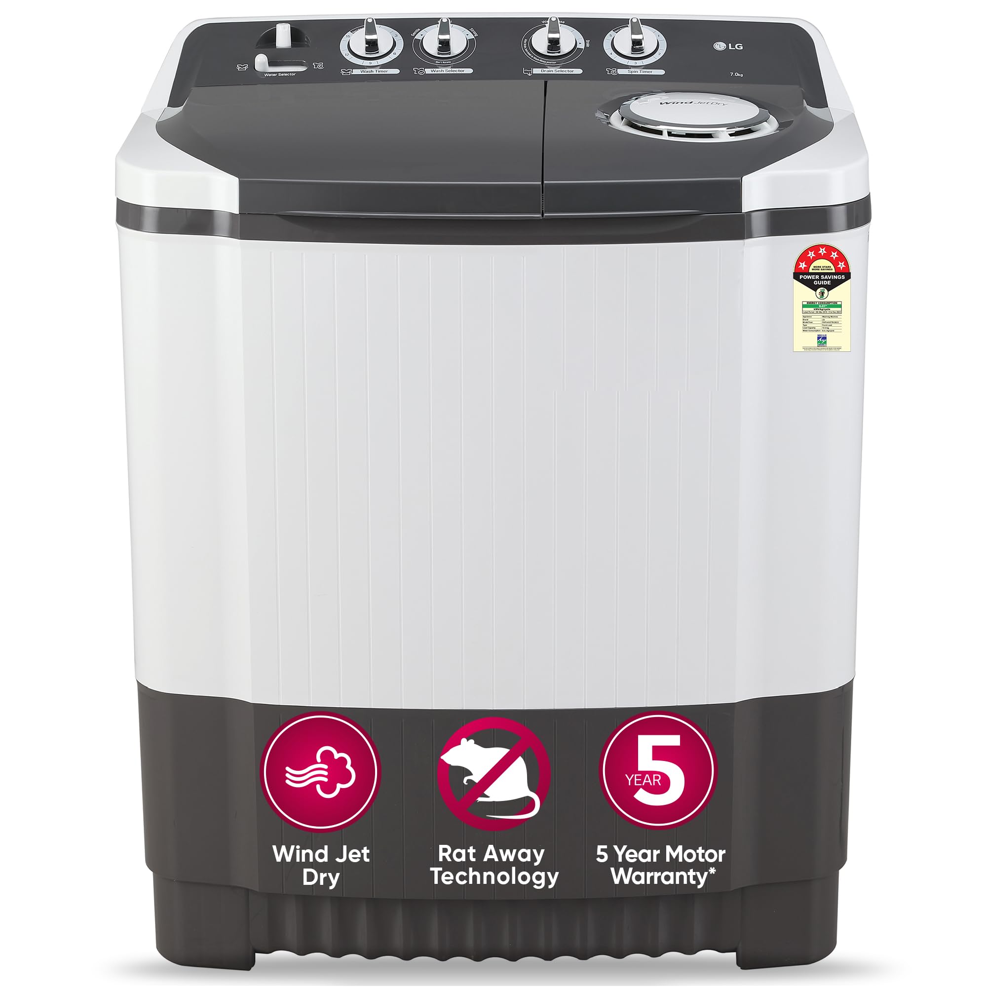 LG 7 Kg 5 Star Semi-Automatic Washer with Rat Away, Wind Jet Dry
